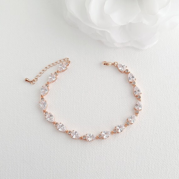 Dainty Rose Gold Bride Bracelet Teardrop Bridal Bracelet for Wedding Day Rose Gold Wedding Jewelry Ivy Etsy