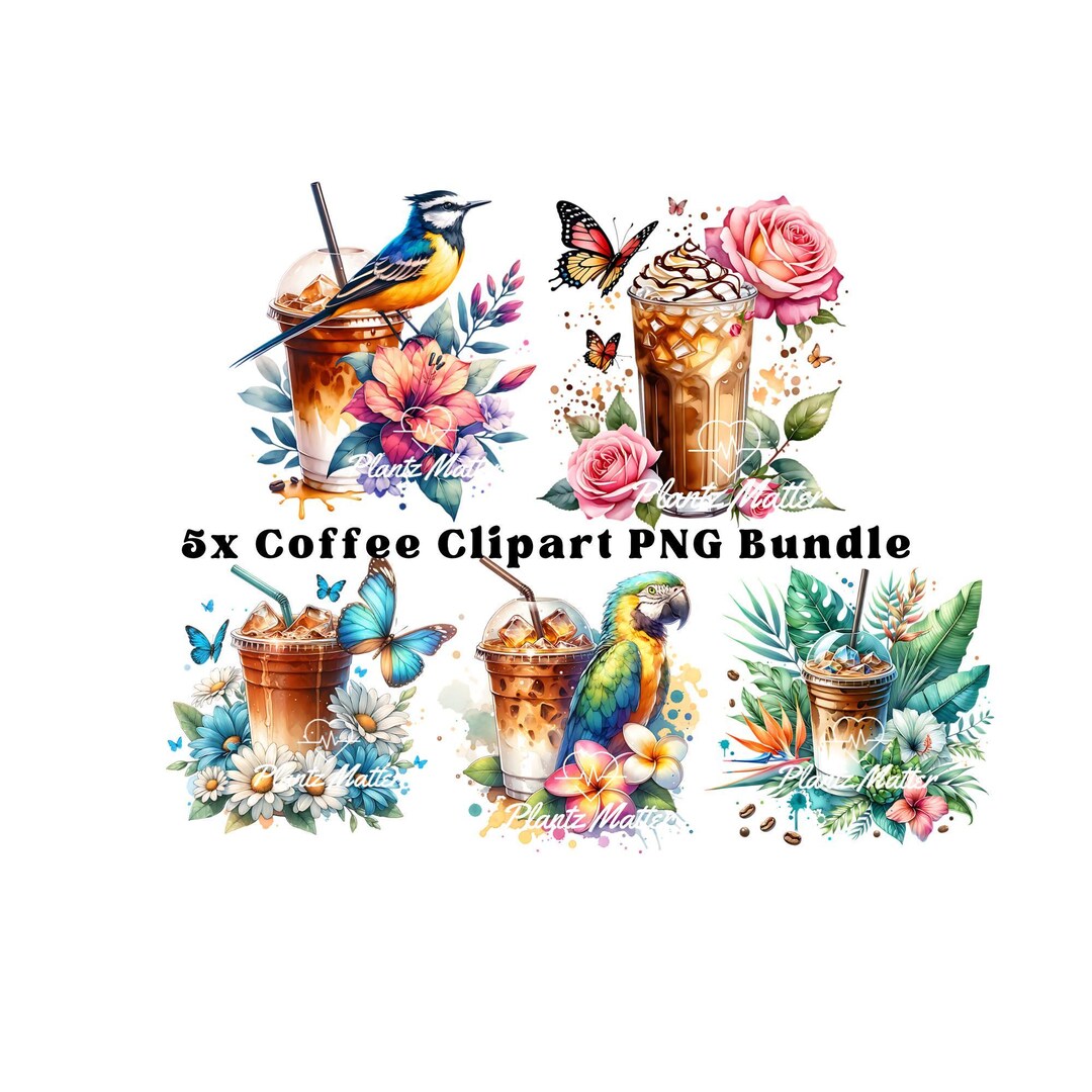 Watercolor Iced Coffee Clipart: Floral Summer PNG Bundle (digital ...