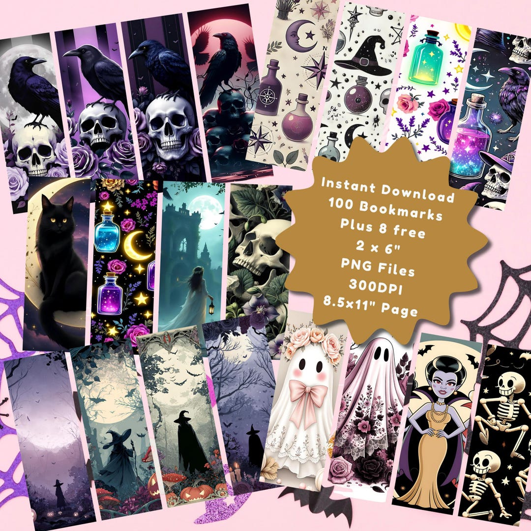 Goth Bookmark PNG Bundle, Halloween Bookmarks, Gothic Design, Printable ...