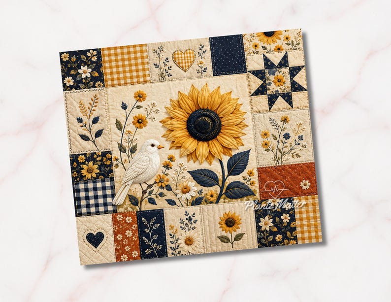 Cottagecore Tumbler Wrap, 20oz PNG, Sunflower, Bird, Gingham, Patchwork ...