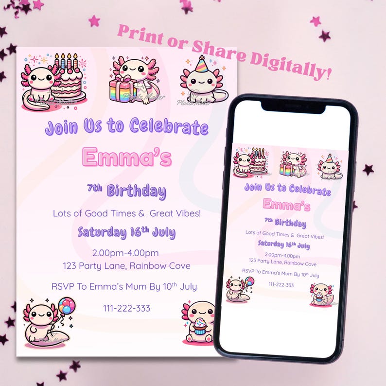 Axolotl Birthday Invitation Template, Editable Canva Invite, Kids Party ...