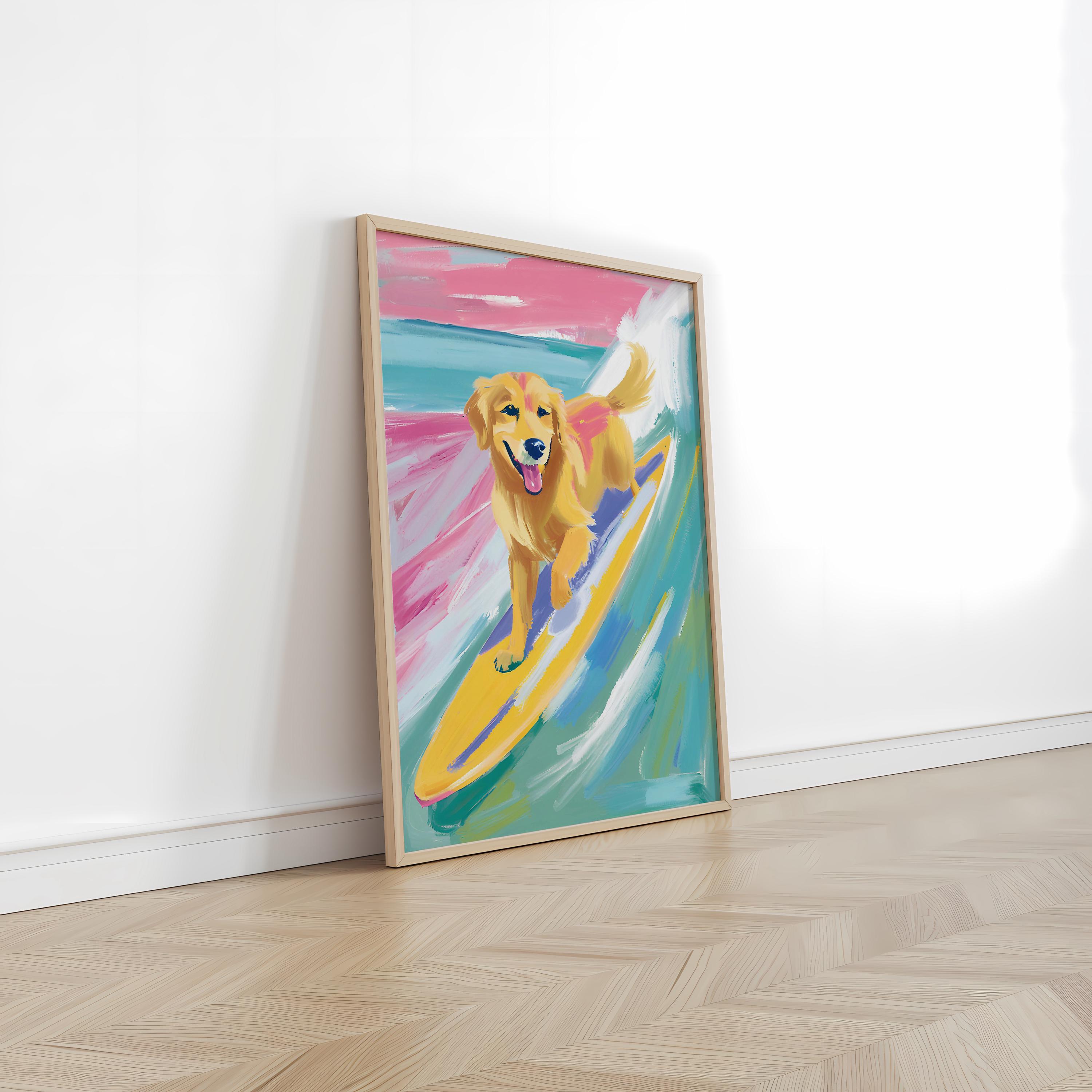 Surfing Golden Retriever Art Print: Beachy Coastal Decor (digital ...