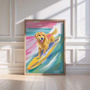 Surfing Golden Retriever Art Print: Beachy Coastal Decor (digital ...