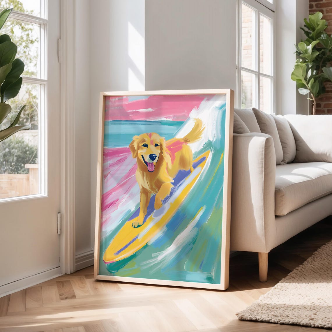 Surfing Golden Retriever Art Print: Beachy Coastal Decor (digital ...