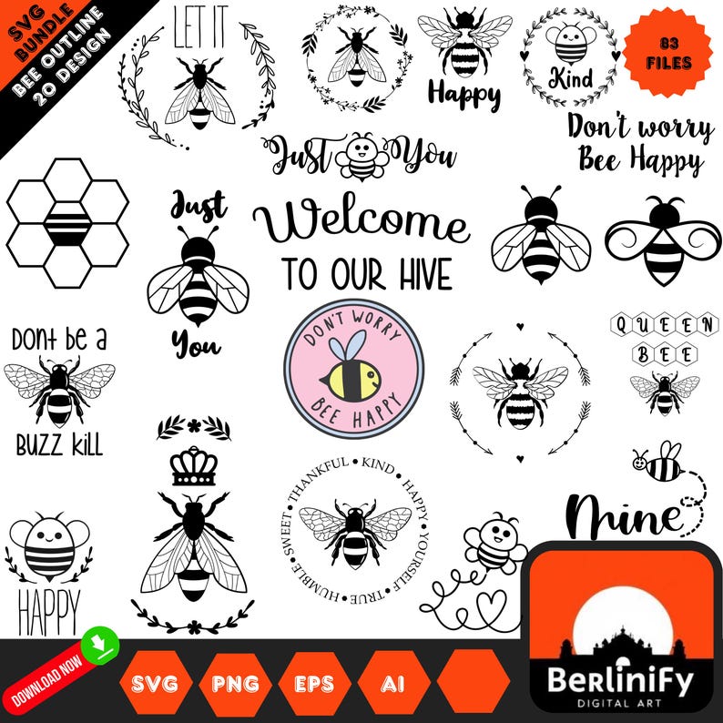 Bee Outline SVG Bundle, Honey Bee Png, Queen Bee Svg, Honeycomb Svg ...