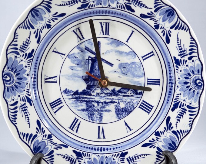 Antique Delft Ceramic Clock Face, Blue and White Windmill Decor, Free ...