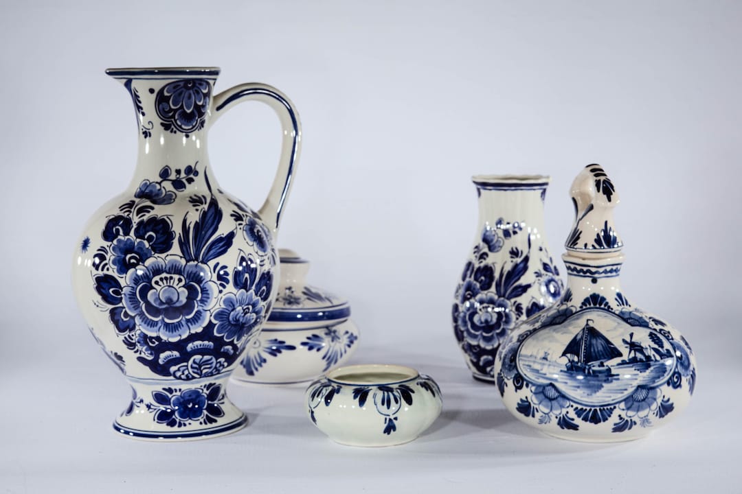 Vintage Delft Blue Pottery Set 5-piece Hand-painted Ceramic Decor Dutch ...