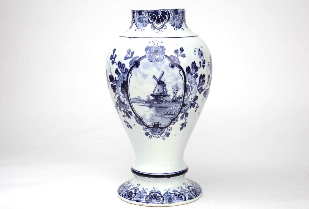 Vintage Delft Blue Vase Hand-painted Dutch Windmill Scene Holland ...