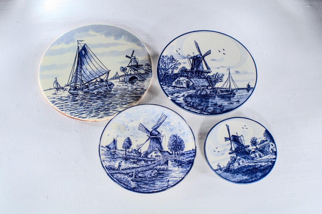 Set of 4 Vintage Delft Blue Plates: 3 Decorative Plates + 1 Wall Plate ...