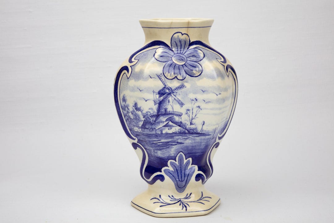 Vintage Delft Blue Vase With Windmill Scene Dutch Ceramic Hand-painted ...