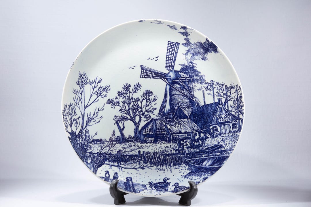Vintage Delft Blue Big Plate Dutch Windmill Scene Hand-painted Ceramic ...