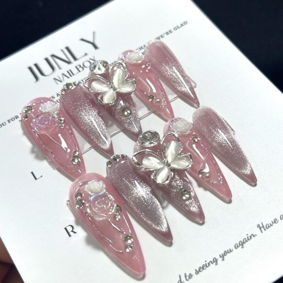 Romantic Pink Cat Eye Nails | Shiny Rhinestones & 3D Butterfly | Soft ...