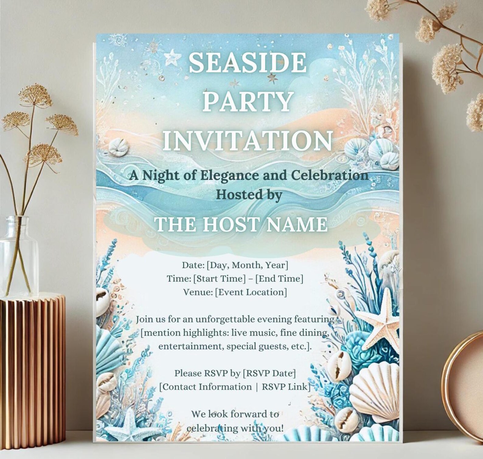 Luxurious Ocean Party Invite Template Digital Card Template Sea Shells ...