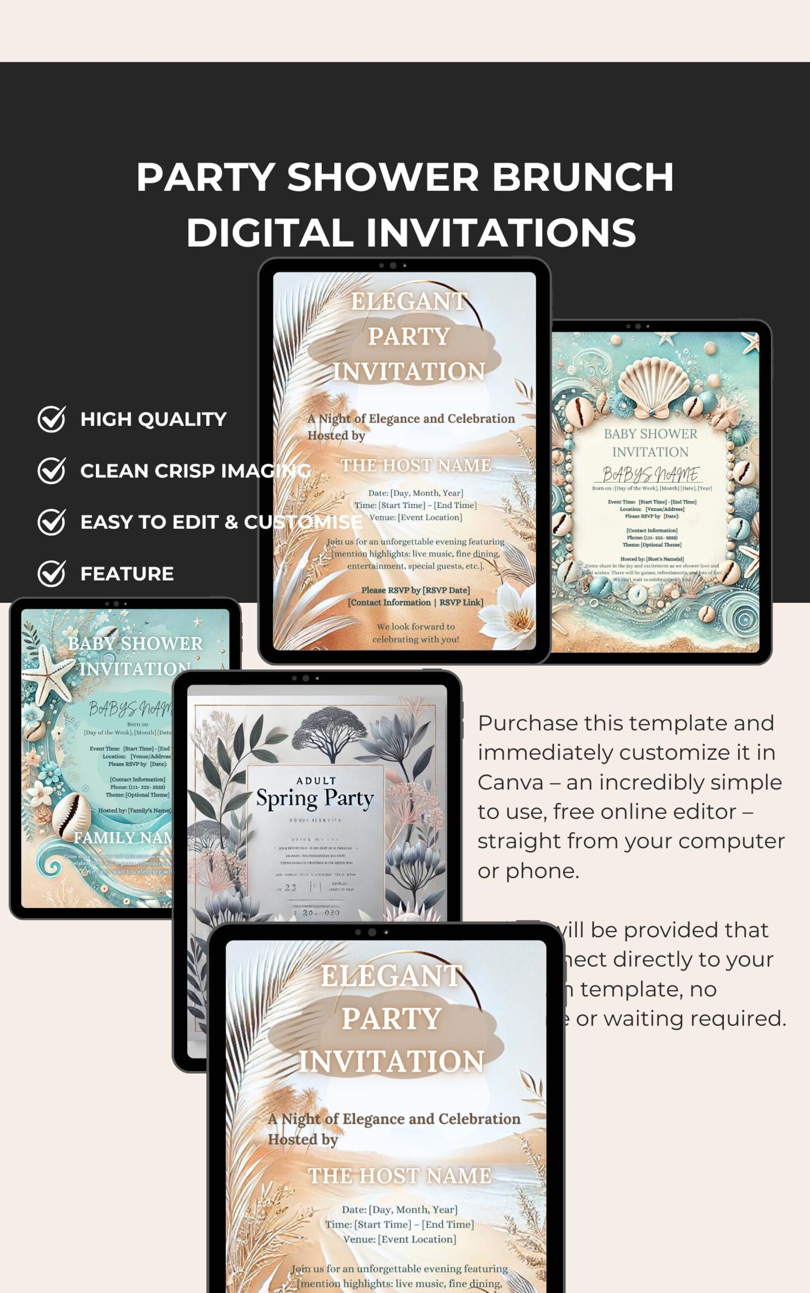 Luxurious Ocean Party Invite Template Digital Card Template Sea Shells ...