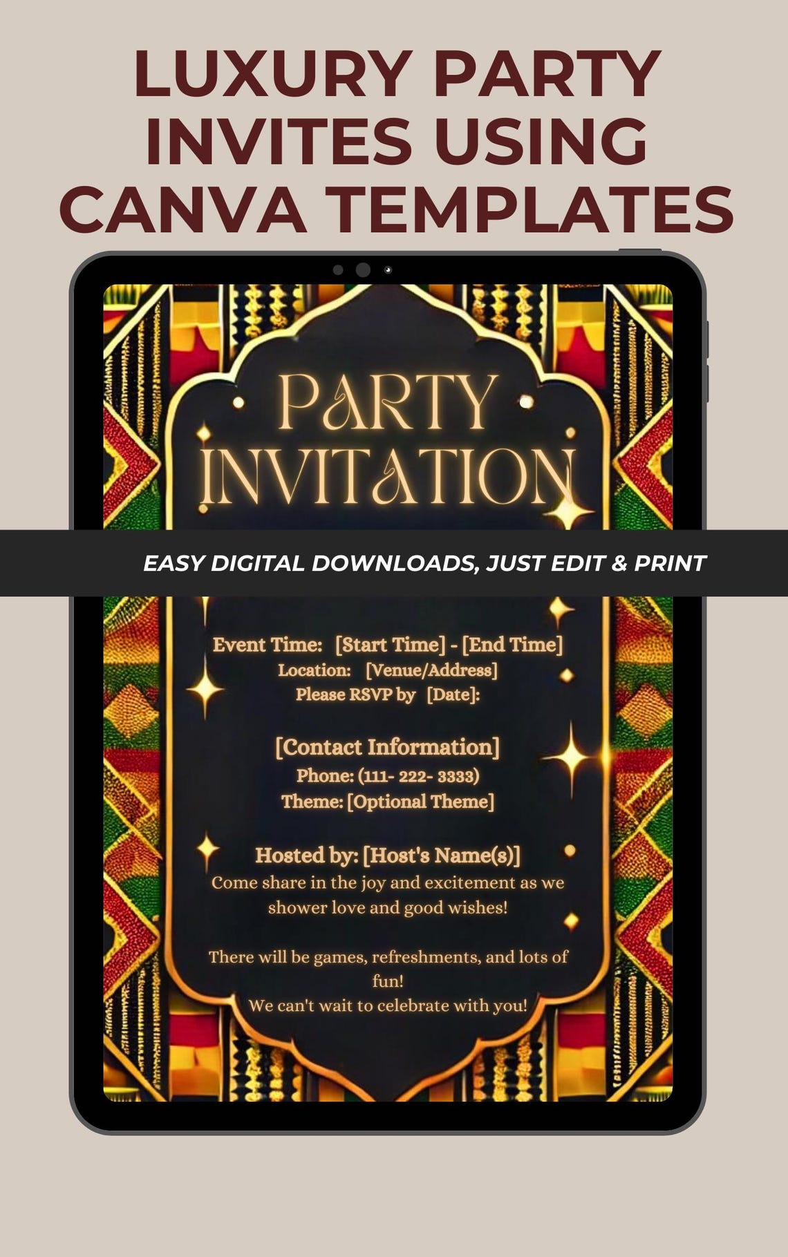 Elegant African Party Invite Template Edit and Customise Ghana Theme ...