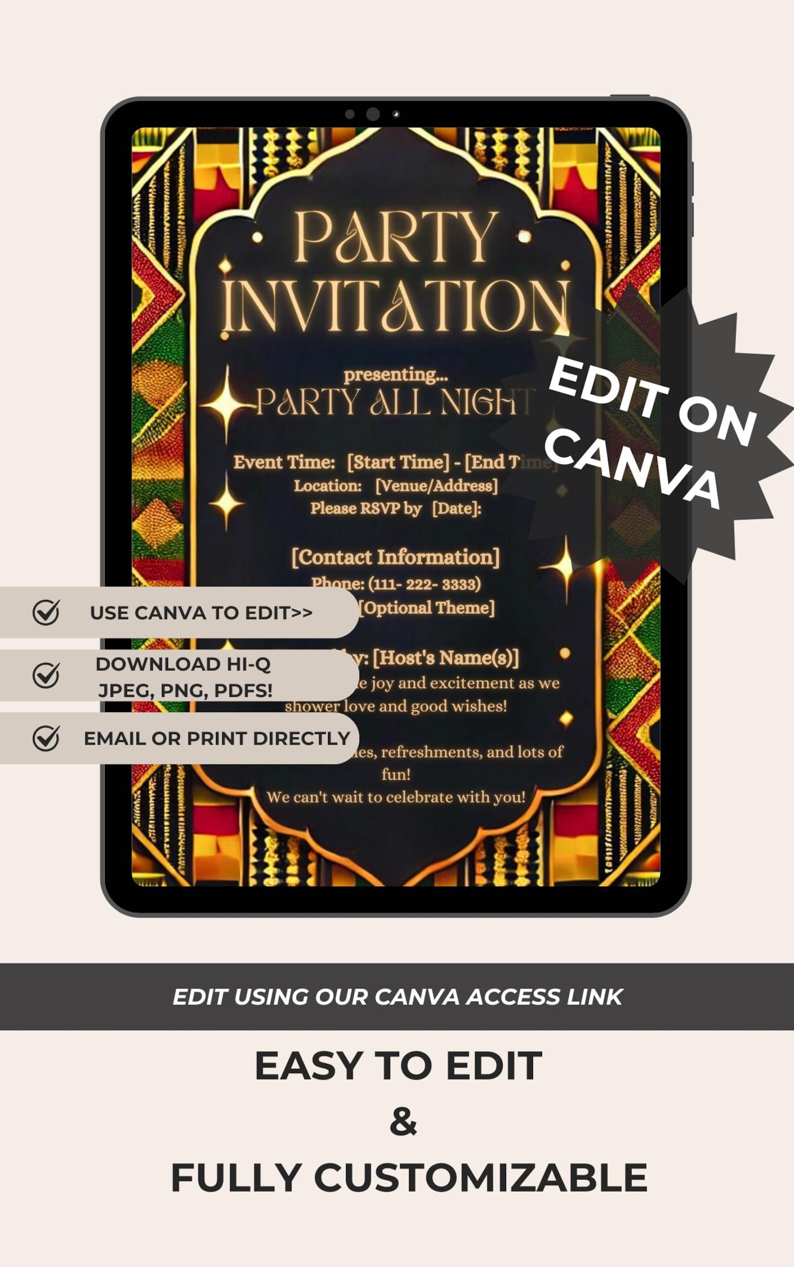 Elegant African Party Invite Template Edit and Customise Ghana Theme ...