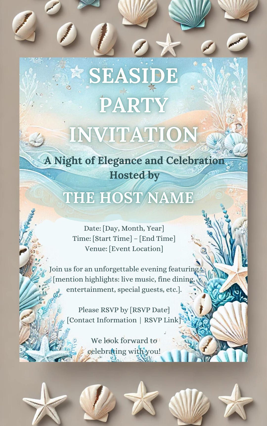 Luxurious Ocean Party Invite Template Digital Card Template Sea Shells ...