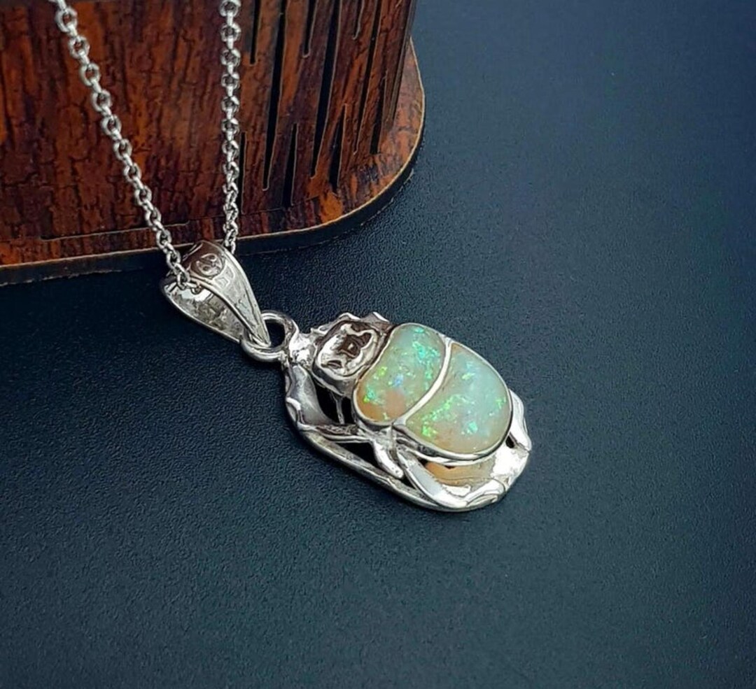Opal Scarab Necklace, Sterling Silver Scarab Necklace, White Opal ...