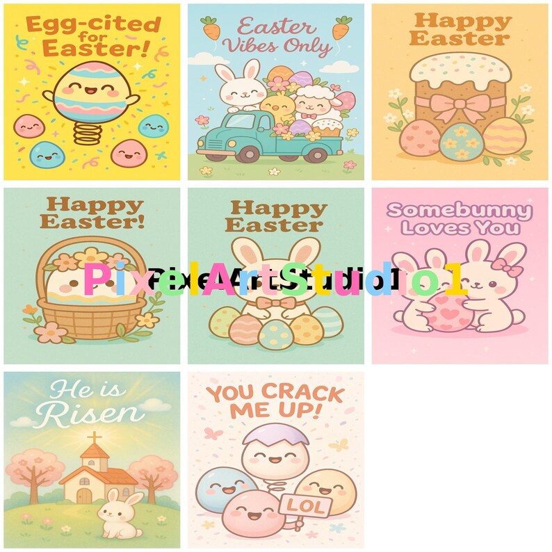 Kawaii Easter Cards Bundle – Cute Pastel Bunnies, Eggs & Spring ...