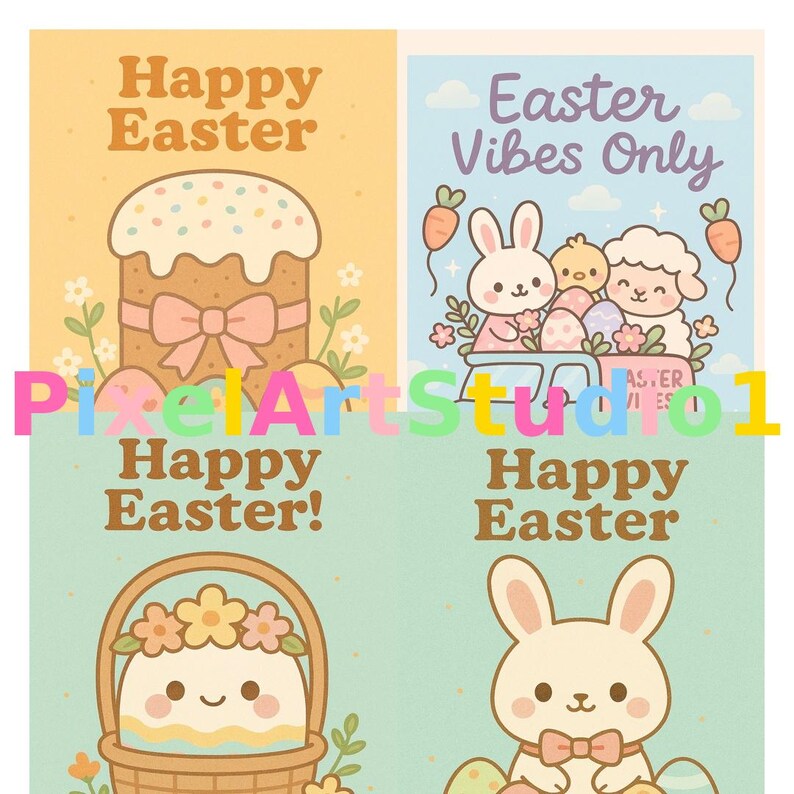 Kawaii Easter Cards Bundle – Cute Pastel Bunnies, Eggs & Spring ...