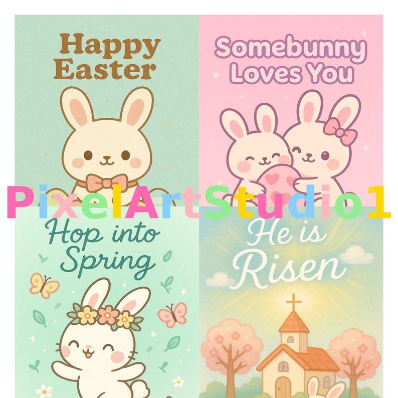 Kawaii Easter Cards Bundle – Cute Pastel Bunnies, Eggs & Spring ...