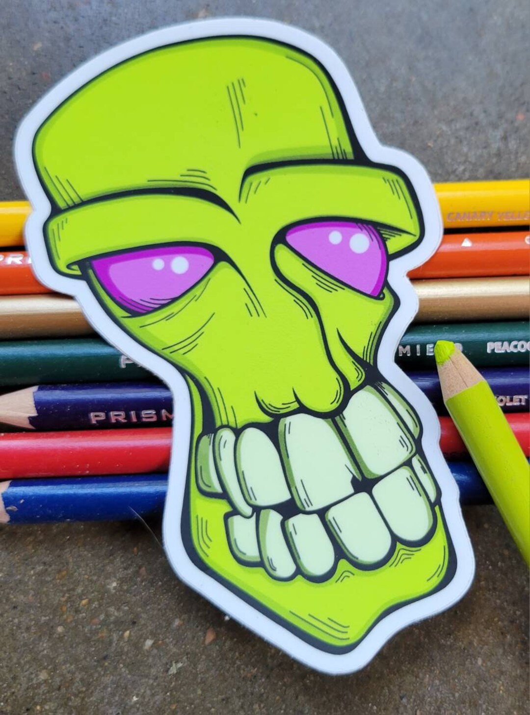 Green Smiley Skull Sticker - Etsy