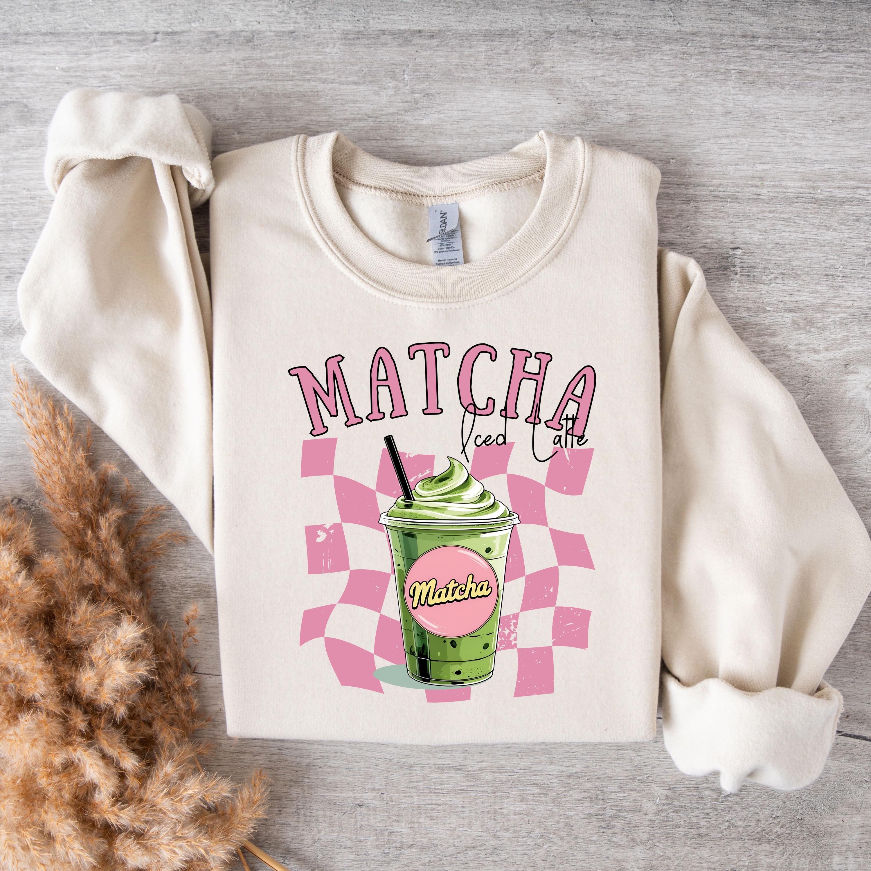 Matcha Iced Latte PNG, Aesthetic Matcha Drink T-shirt, Pink Checkered ...