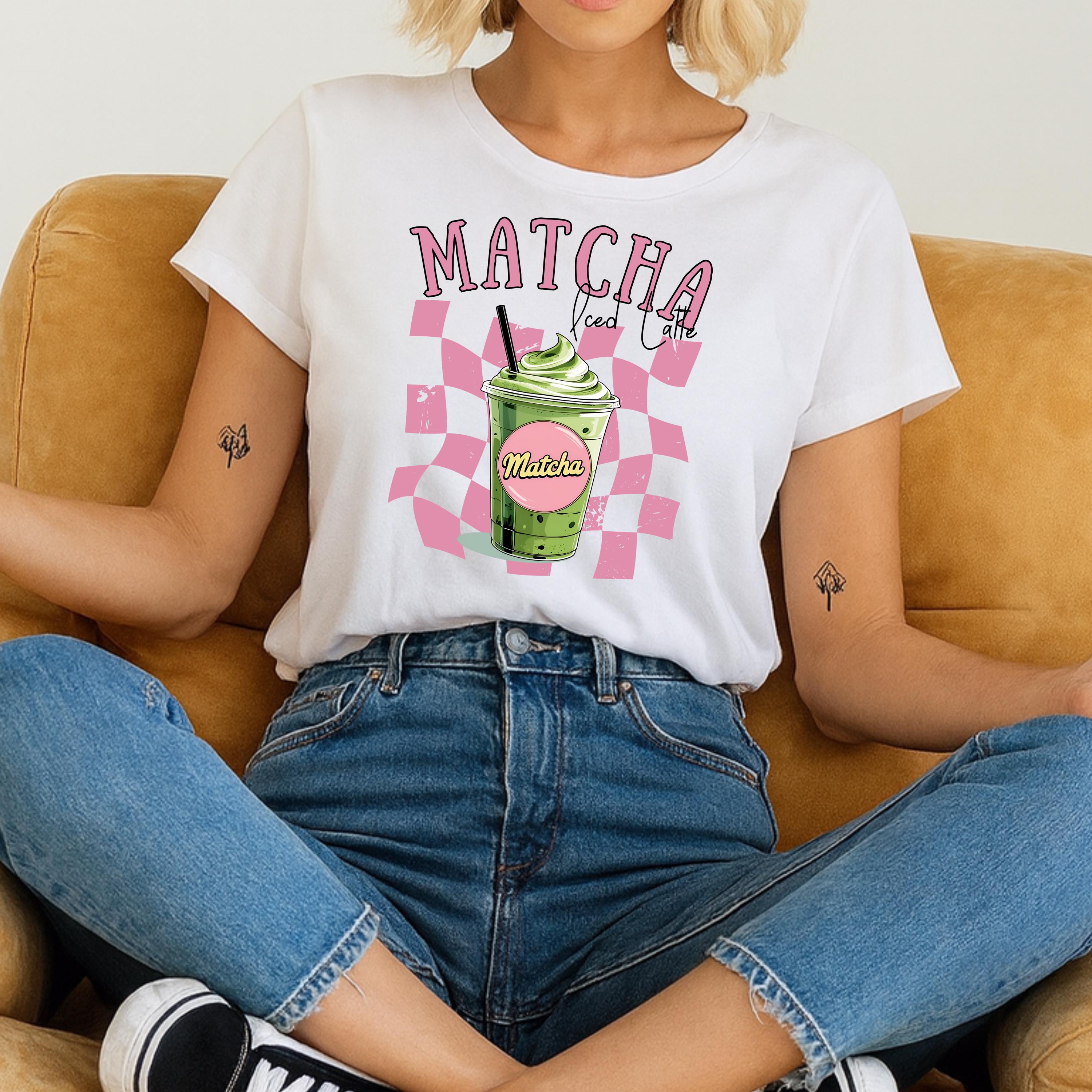 Matcha Iced Latte PNG, Aesthetic Matcha Drink T-shirt, Pink Checkered ...