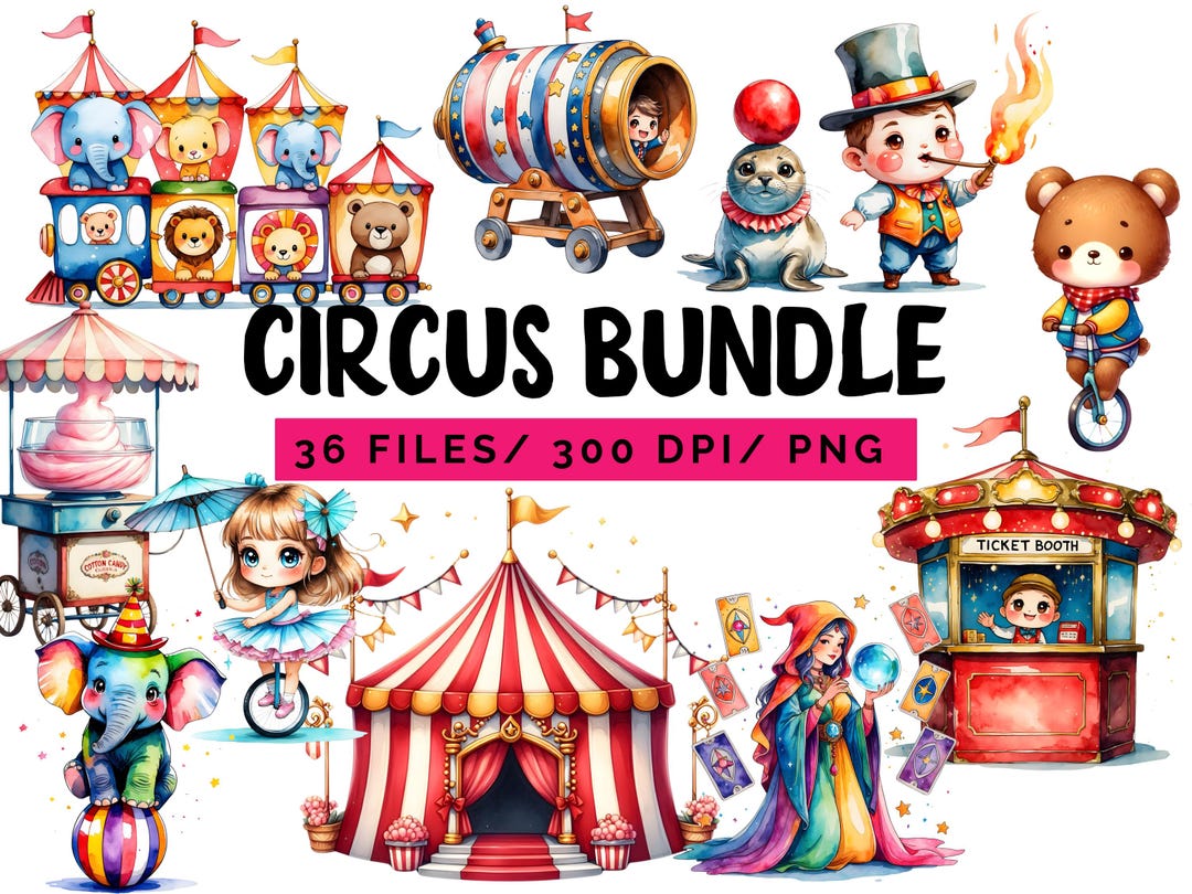 Circus Watercolor Clipart Bundle PNG, 36 Fun Carnival Elements Clown ...