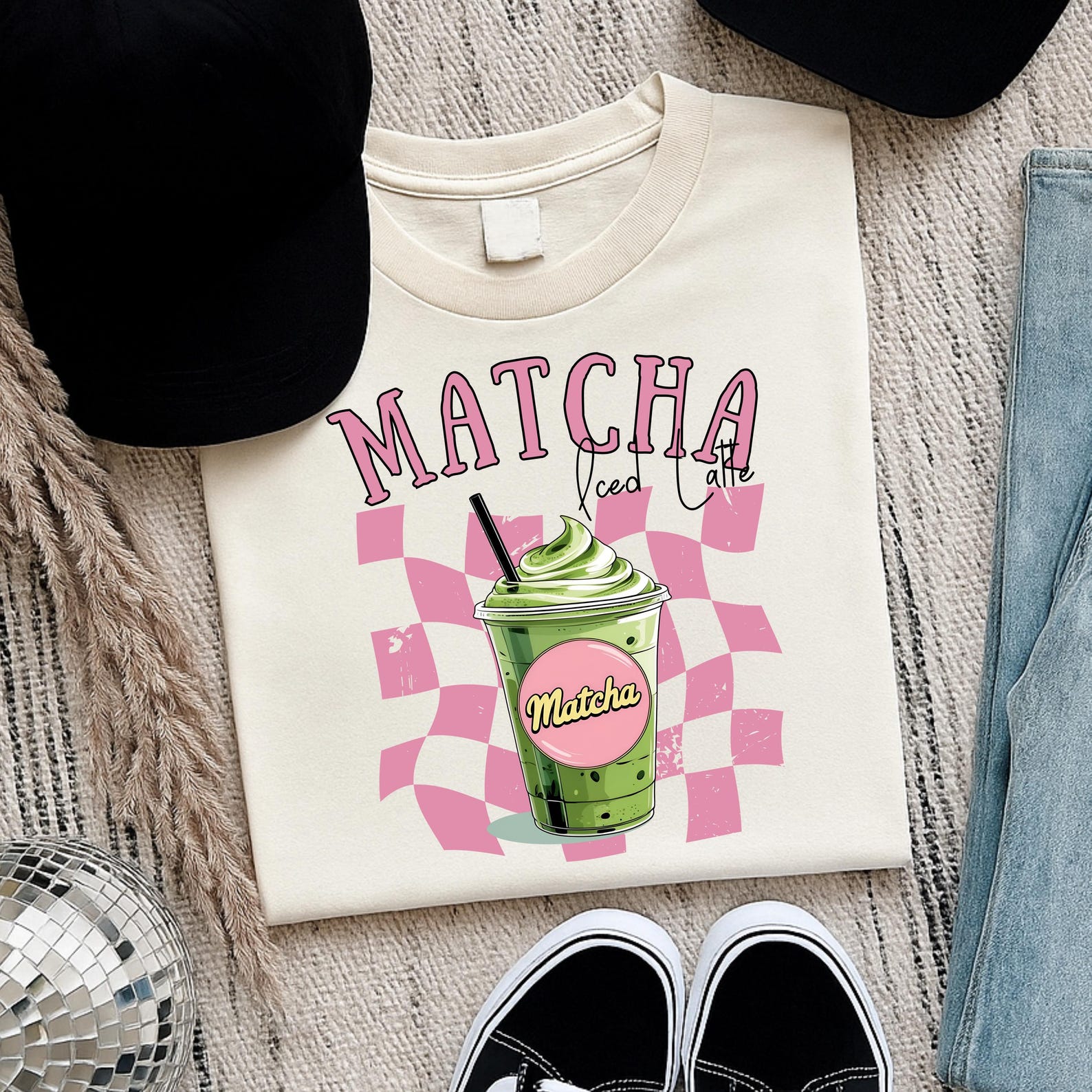 Matcha Iced Latte PNG, Aesthetic Matcha Drink T-shirt, Pink Checkered ...