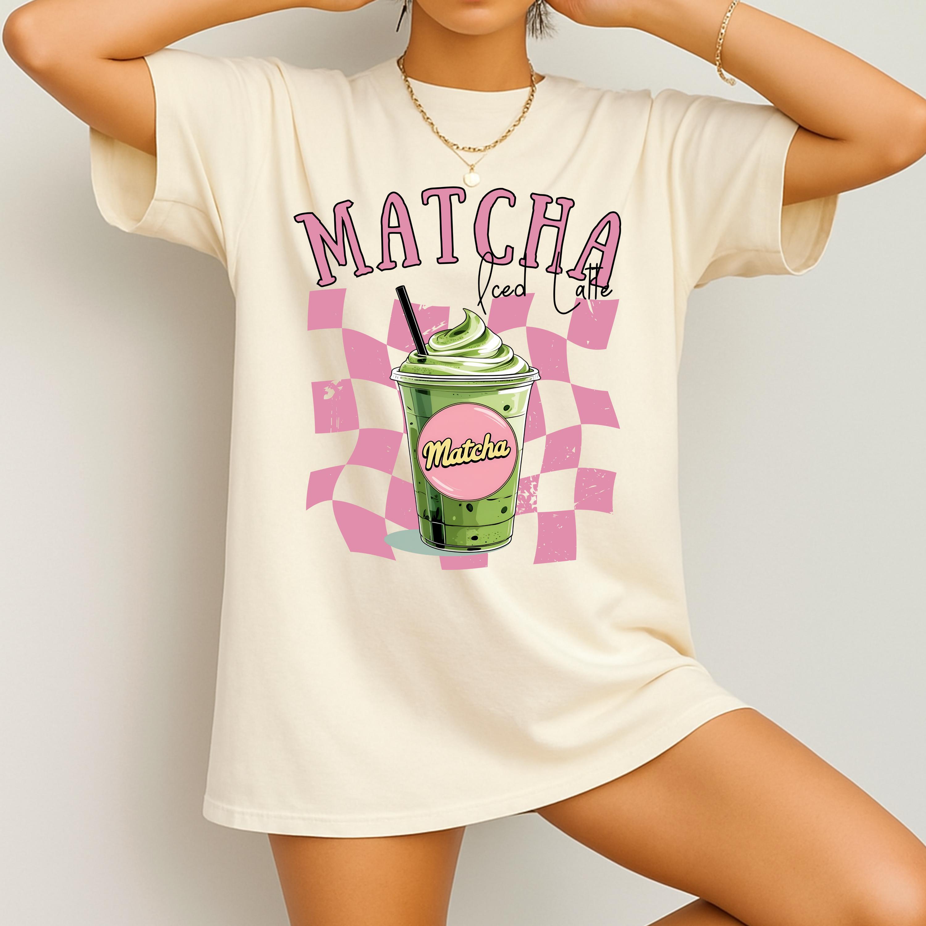 Matcha Iced Latte PNG, Aesthetic Matcha Drink T-shirt, Pink Checkered ...