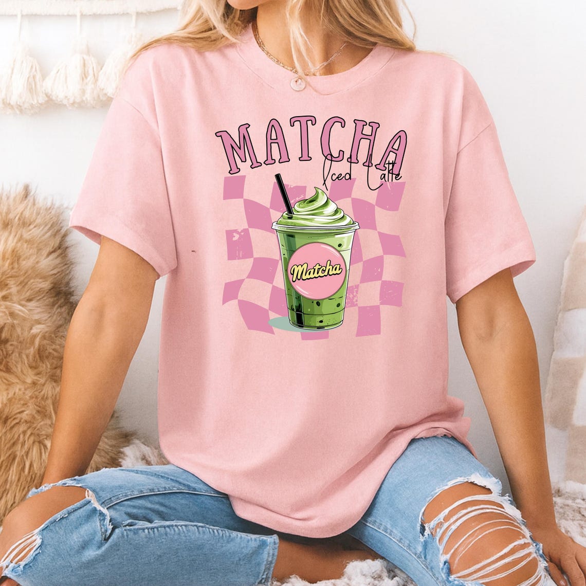Matcha Iced Latte PNG, Aesthetic Matcha Drink T-shirt, Pink Checkered ...