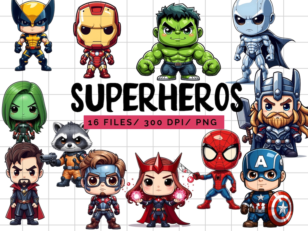 Superhero Clipart Bundle, 16 PNG Files, Cute Superhero Chibi Characters ...
