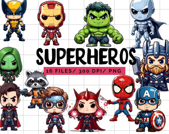 Chibi Cute Superhero Clipart Bundle, Super Heroes PNG File, 300 DPI ...