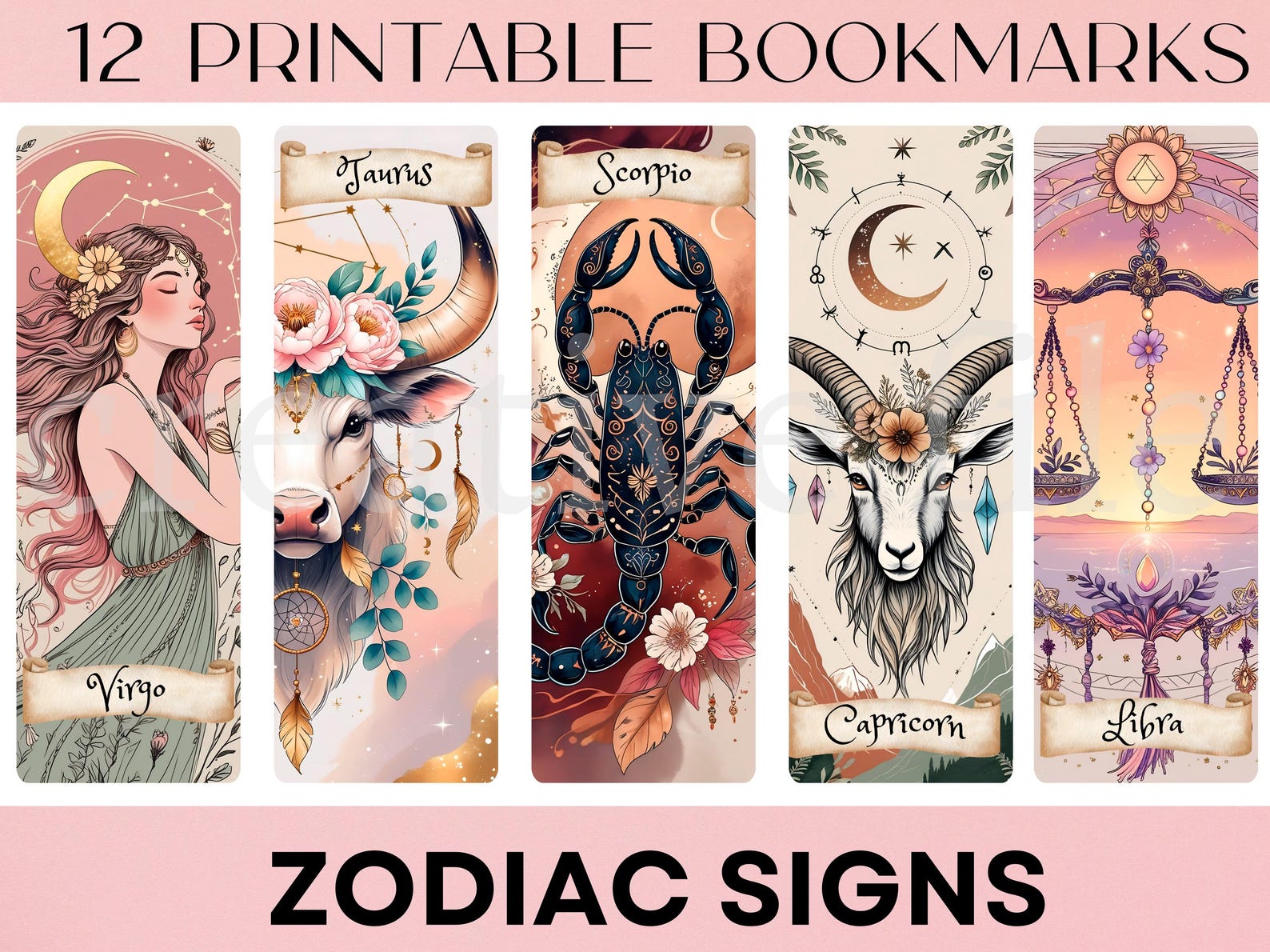 Zodiac Boho 12 Printable Bookmarks, Astrology Bundle Bookmarks PNG ...