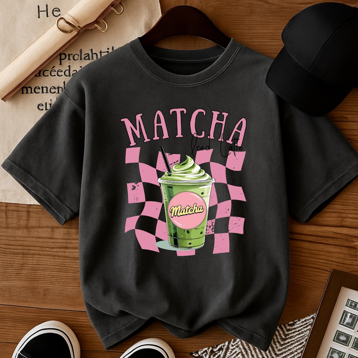 Matcha Iced Latte PNG, Aesthetic Matcha Drink T-shirt, Pink Checkered ...