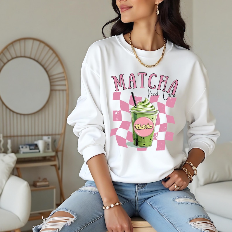 Matcha Iced Latte PNG, Aesthetic Matcha Drink T-shirt, Pink Checkered ...