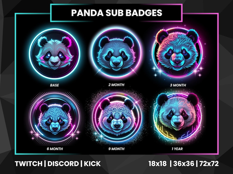 Neon Panda Twitch Sub Badges | 6 Tier Bit Badges for Stream | Glow ...