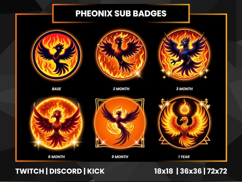 Phoenix Sub Badges for Twitch, Discord & Kick | 6 Tier Fire Bird Bit ...