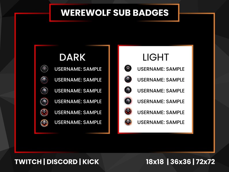 Werewolf Sub Badges for Twitch Discord Kick – Red-eyed Wolf Loyalty Set ...