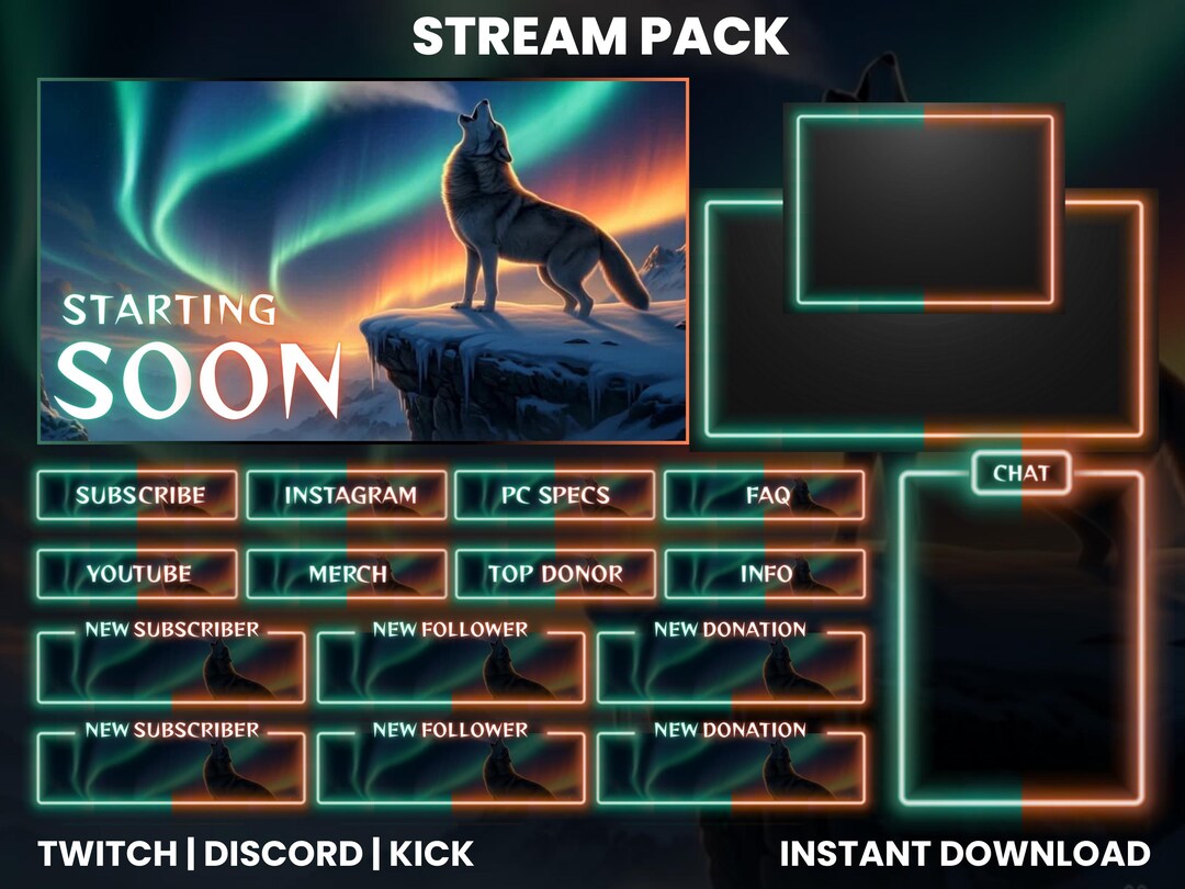 Wolf Animated Stream Overlay Pack for Twitch, OBS, Streamlabs | Webcam ...