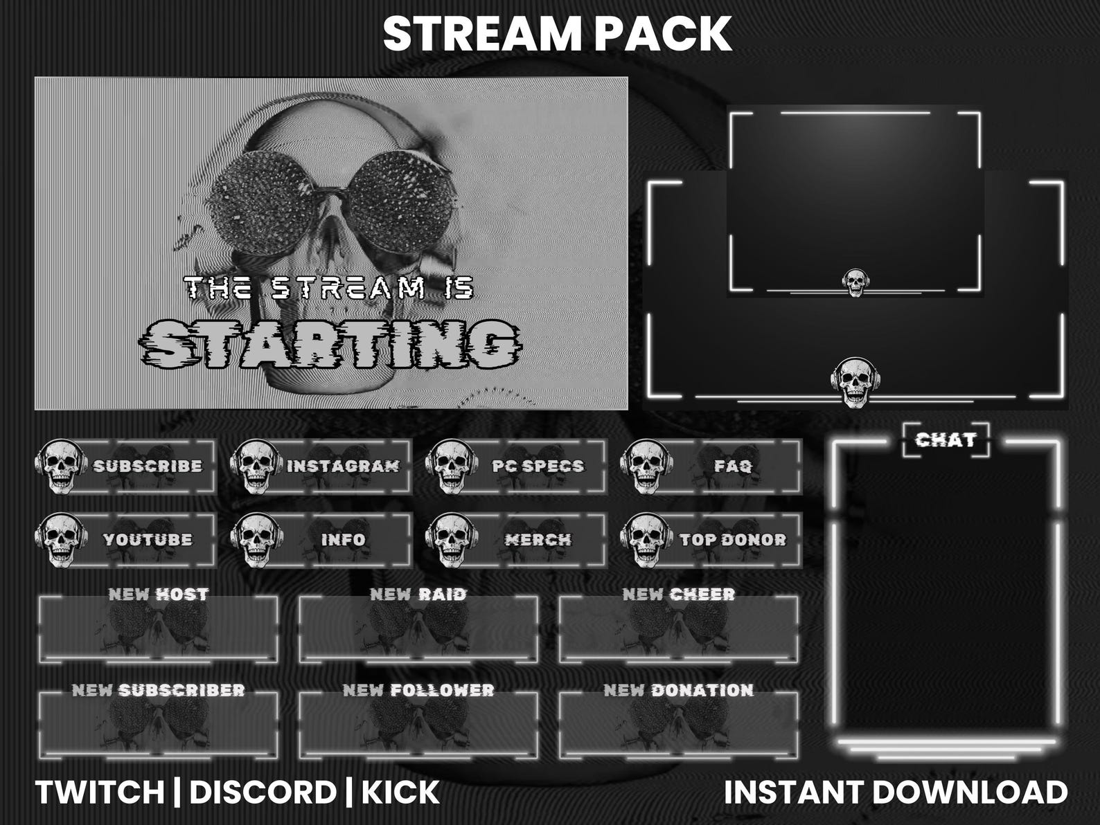 Glitching Skull Animated Twitch Stream Pack | Twitch Screen Overlay ...