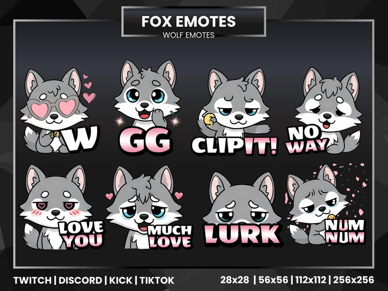 Wolf Twitch Emotes Pack | 16x Cute Husky Dog Streaming Emotes for ...