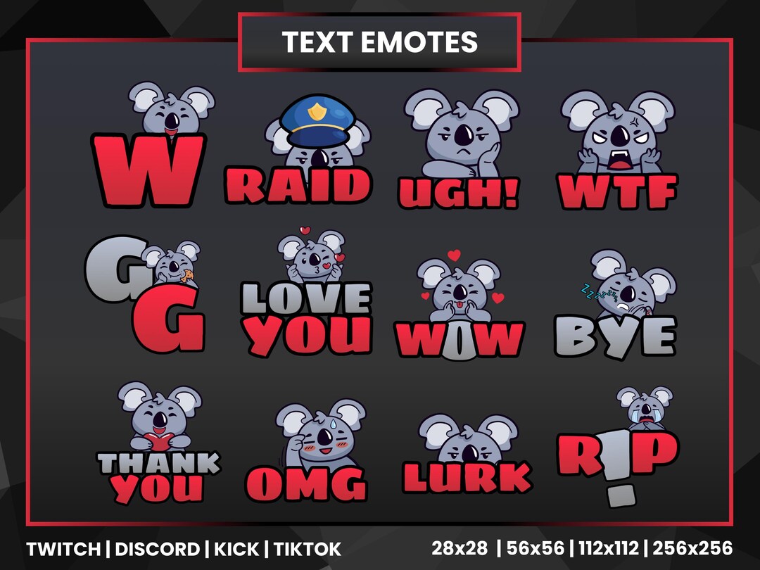 12 Koala Bear Text Emotes | Twitch Emotes | Cute Red and Grey Bear ...