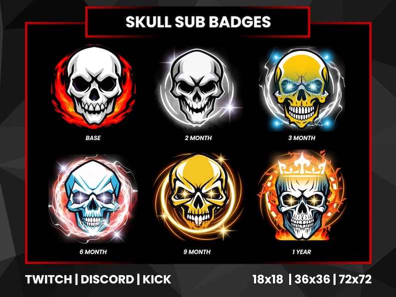 Skull Sub Badges | Twitch Bit Badges | Bit Badges Twitch | Fire Skull ...
