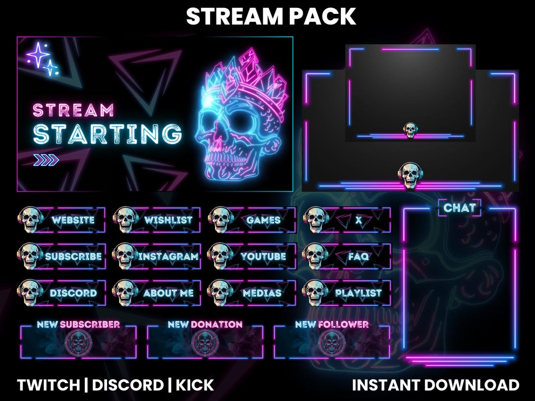 Neon Skull Twitch Stream Pack | Twitch Screen Overlays | Webcam Overlay ...