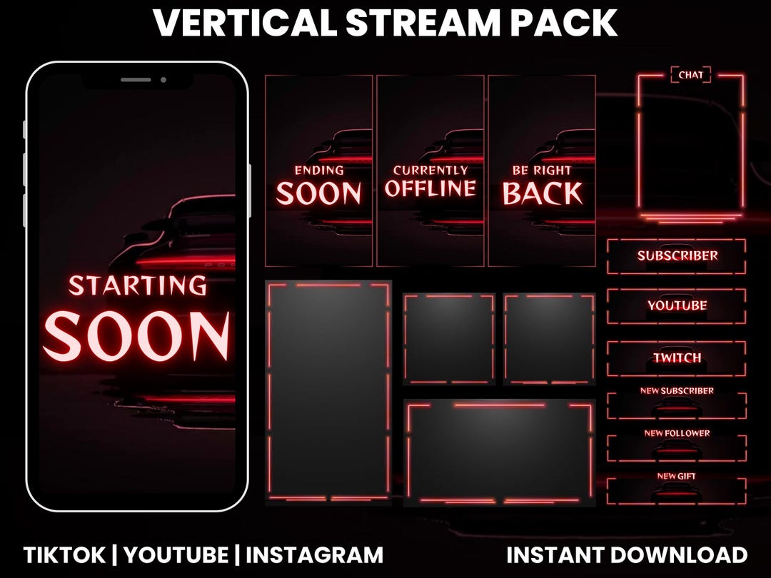 Neon Red Vertical Stream Overlay Pack | Cyber Car OBS Stream Graphics ...