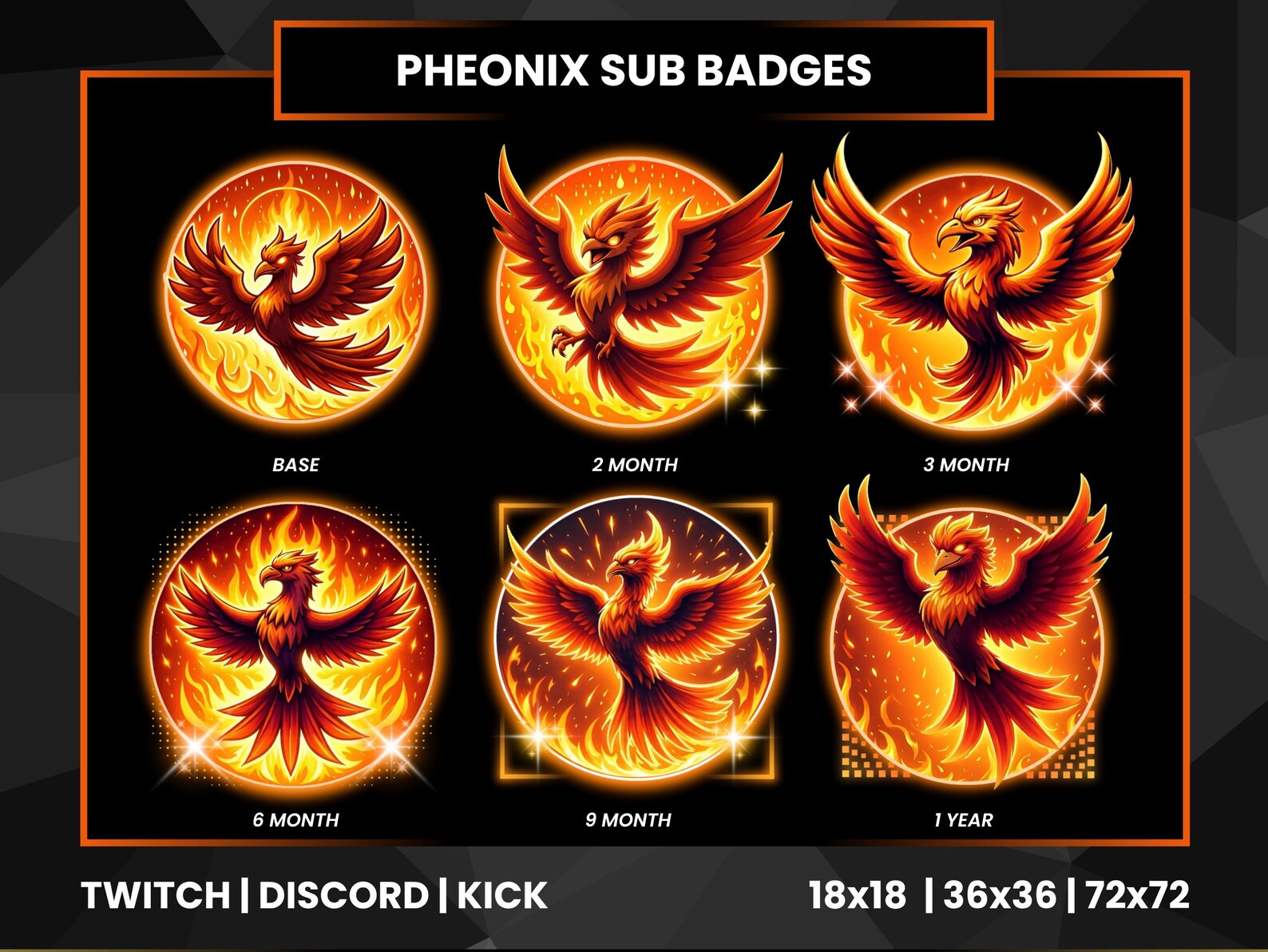 Phoenix Sub Badges for Twitch, Discord & Kick | Fire Stream Emotes | 6 ...