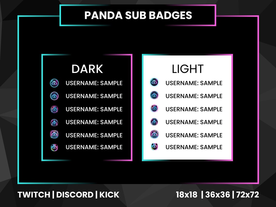 Neon Panda Twitch Sub Badges | 6 Tier Bit Badges for Stream | Glow ...