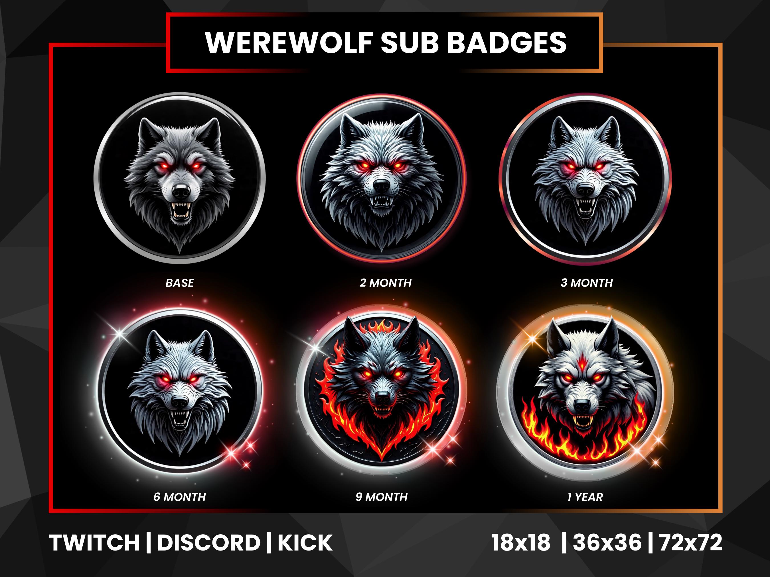 Werewolf Sub Badges for Twitch Discord Kick – Red-eyed Wolf Loyalty Set ...